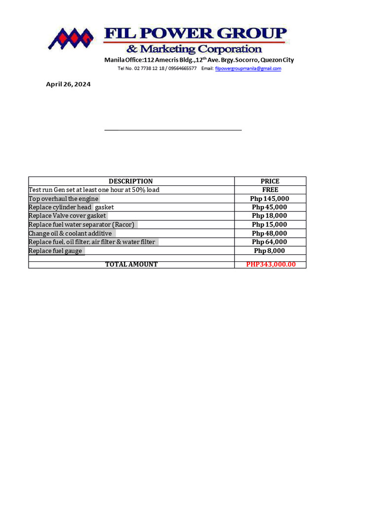 DEVINE MERCY 750 Genset PMS FINAL Price | PDF | Engines | Internal Combustion Engine