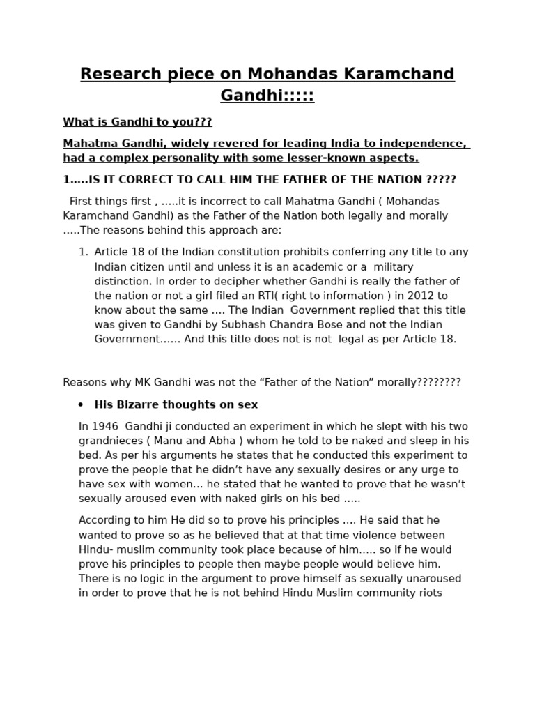 Reasearch Piece On Gandhi | PDF | Mahatma Gandhi | Partition Of India
