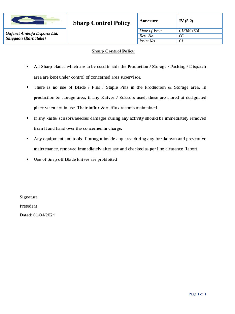 Sharp Tool Control Policy Overview | PDF