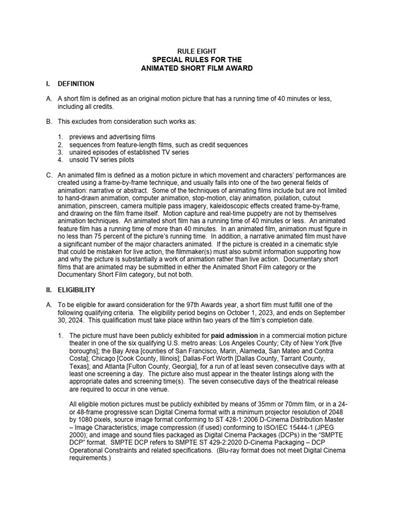 Animated Short Film Award Rules | PDF | Animation | Video