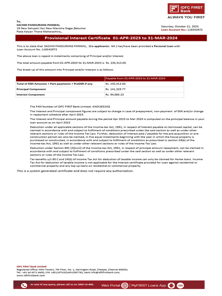 Personal Loan Interest Certificate 2023 | PDF | Tax Deduction | Loans