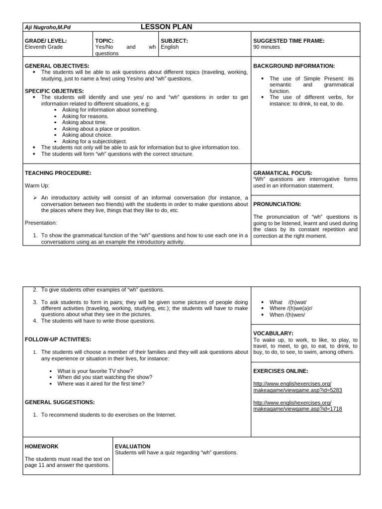 LESSON PLAN WH Questions | PDF | Question | Linguistics