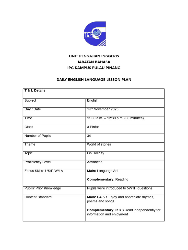 (14.11) 3P Lesson Plan - On Holiday - D57 | PDF | Reading Comprehension ...