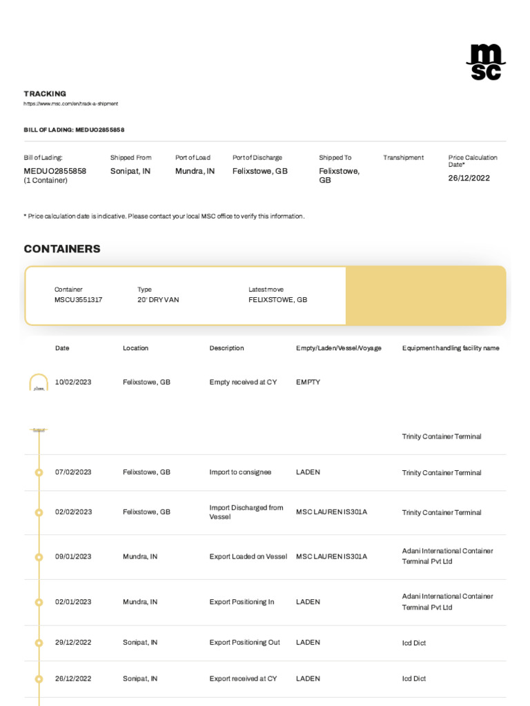 MSC Container Tracking Details | PDF | Containerization | Cargo