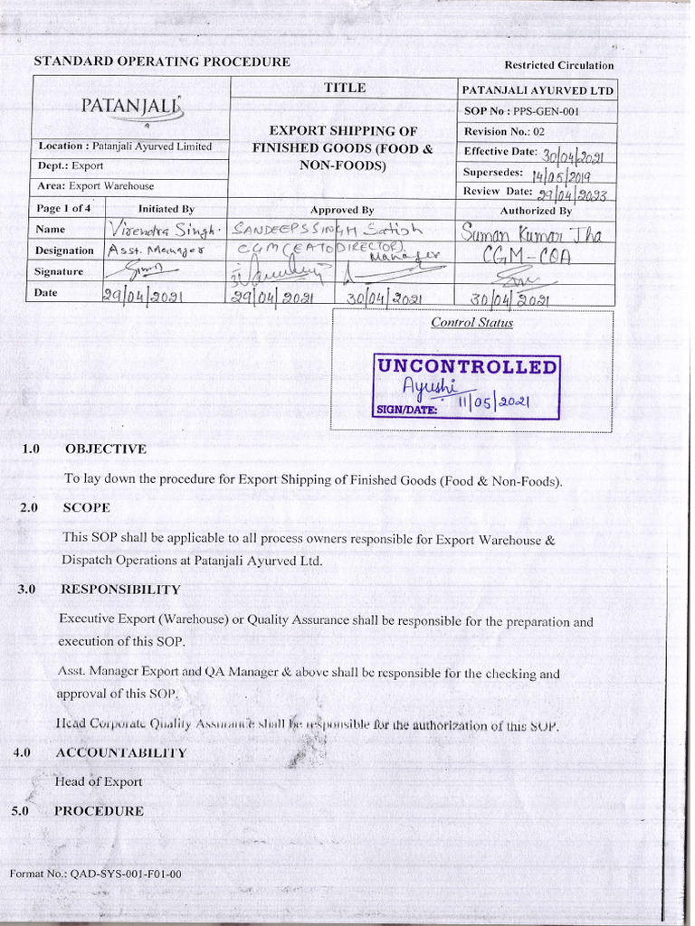 PPS-GEN-001 Export Shipping of Finished Goods (Food & Non-Foods) Rev 02 ...