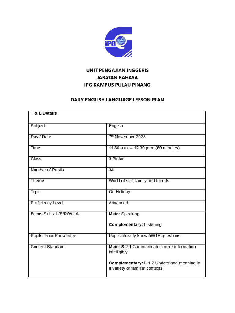 (7.11) 3P Lesson Plan - On Holiday - D52 | PDF | Teachers | Critical Thinking