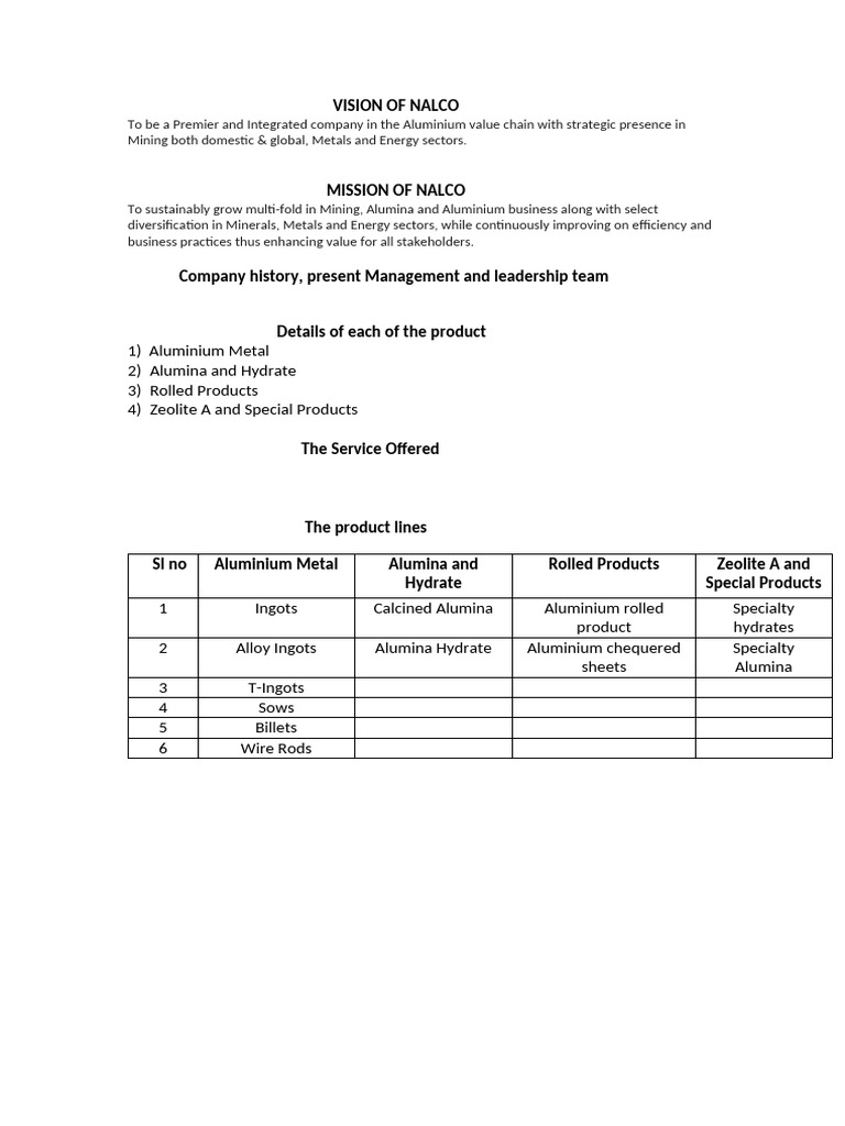 NALCO INFO FOR REPORT | PDF
