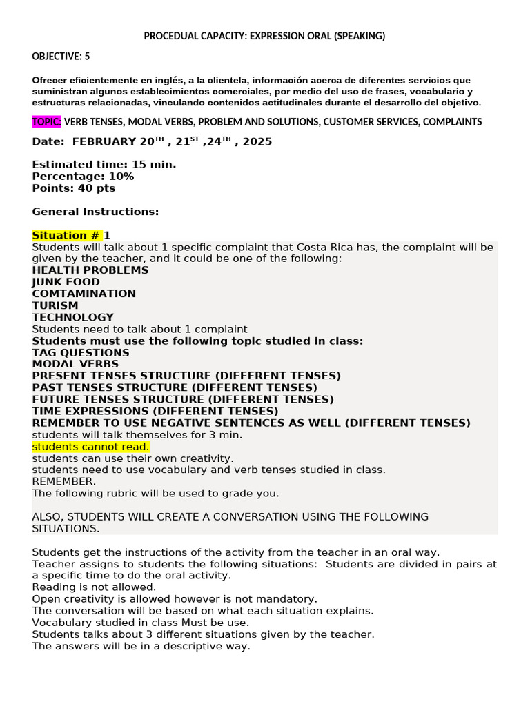 Final Oral Exam # 5, 10 %, 36 PTS | PDF | Fluency | Verb