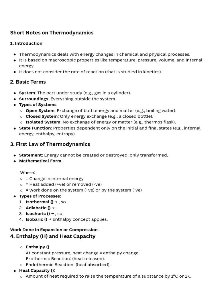 Short Notes On Thermodynamics | PDF | Heat | Entropy