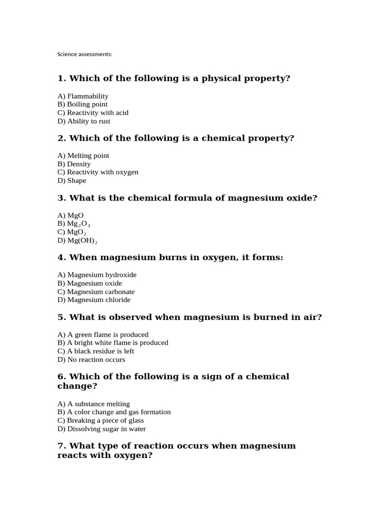 Unit 6 - Science Assessments | PDF | Magnesium | Chemical Reactions