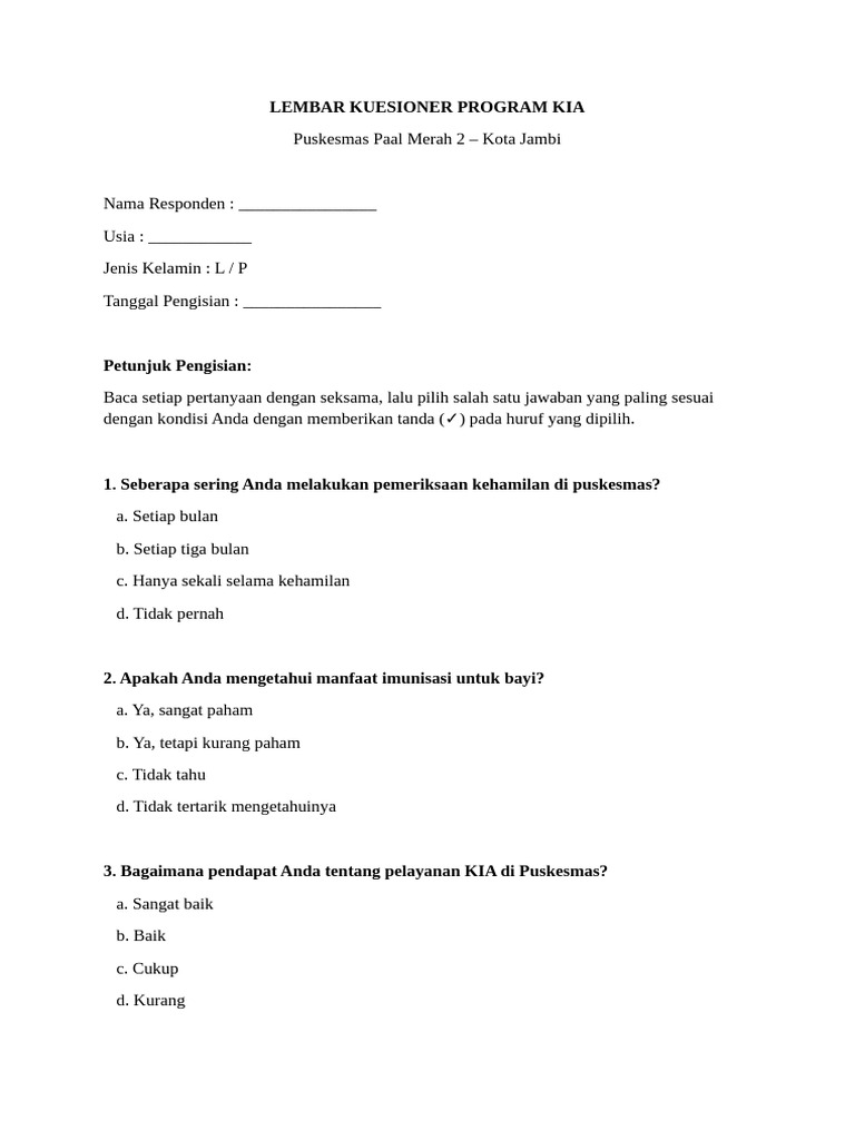 Lembar Kuesioner Program Kia Kelompok 2 | PDF