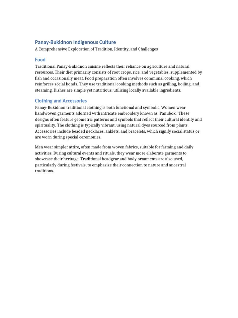 Panay Bukidnon Culture With Food and Clothing | PDF