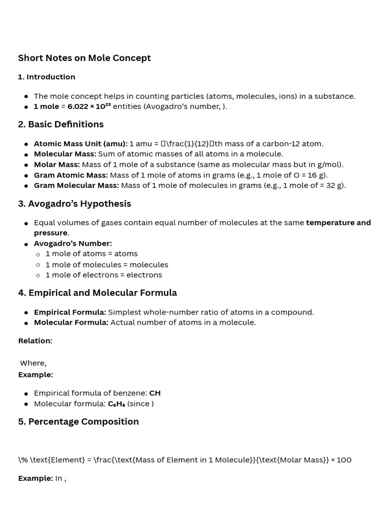 Short Notes on Mole Concept | PDF | Mole (Unit) | Molecules