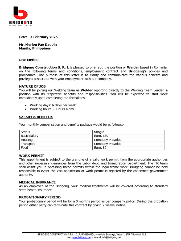 Offer Letter - Merlou Pao Dagpin | PDF | Employment | Business