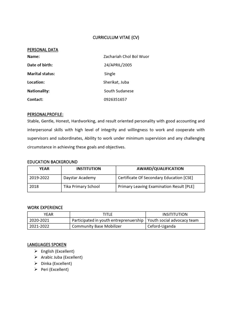 Curriculum Vitae (CV) Personal Data: Name Date of Birth Marital Status ...