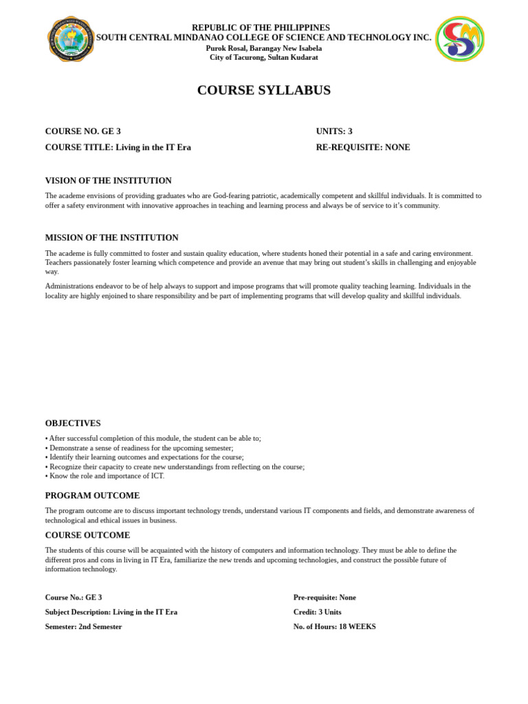 Course Syllabus Ge 3 Pdf Educational Technology Information And