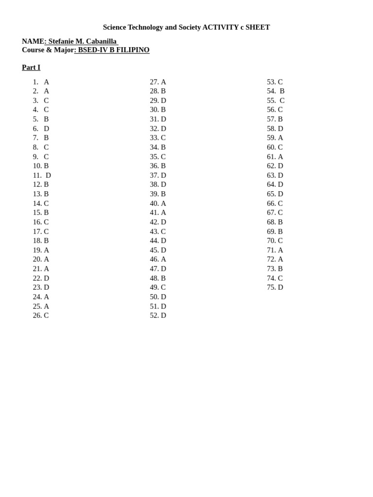 Answer Sheet C Sts Activityc | PDF