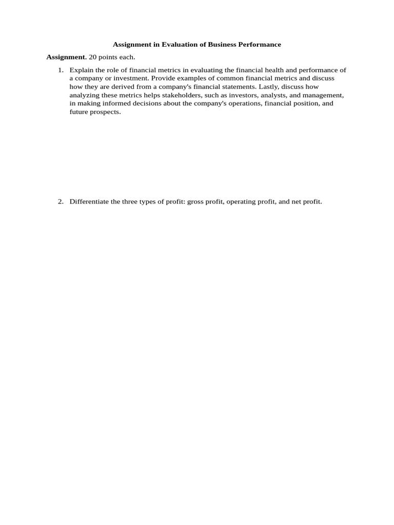 Assignment in Evaluation of Business Performance | PDF