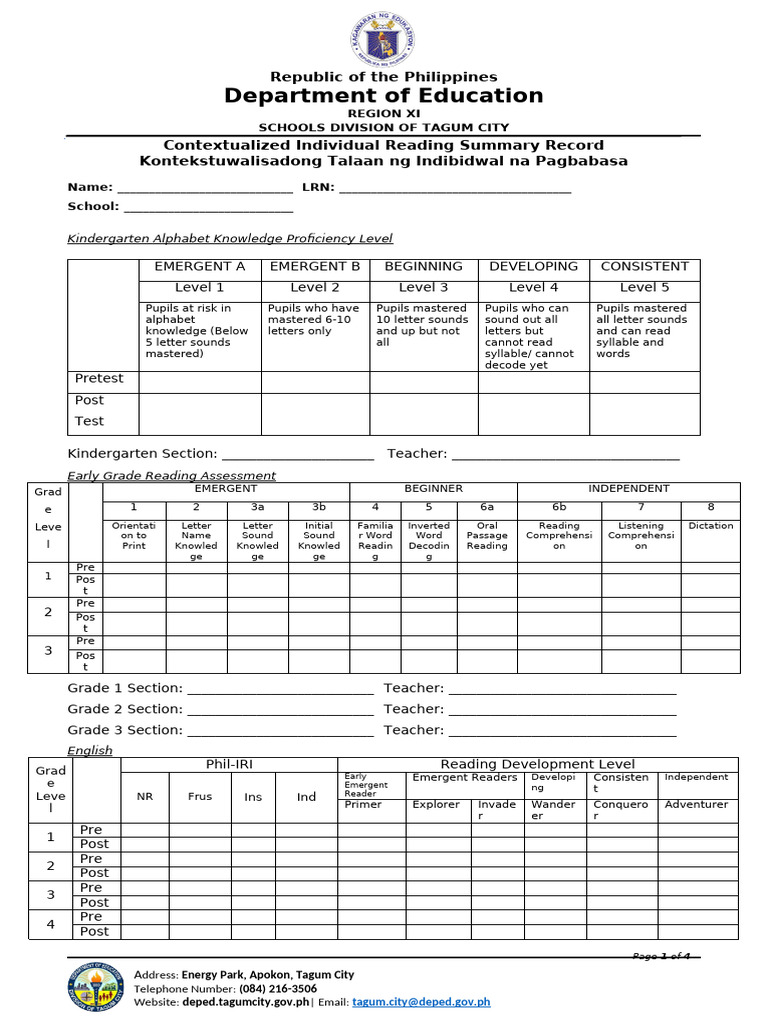 Contextualized Individual Summary Record | PDF | Phonics | Cognitive Science