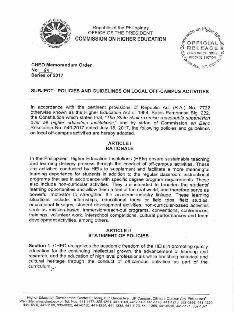 CHED CMO No 63 S. 2017 Policies and Guidelines On Local Off Campus ...