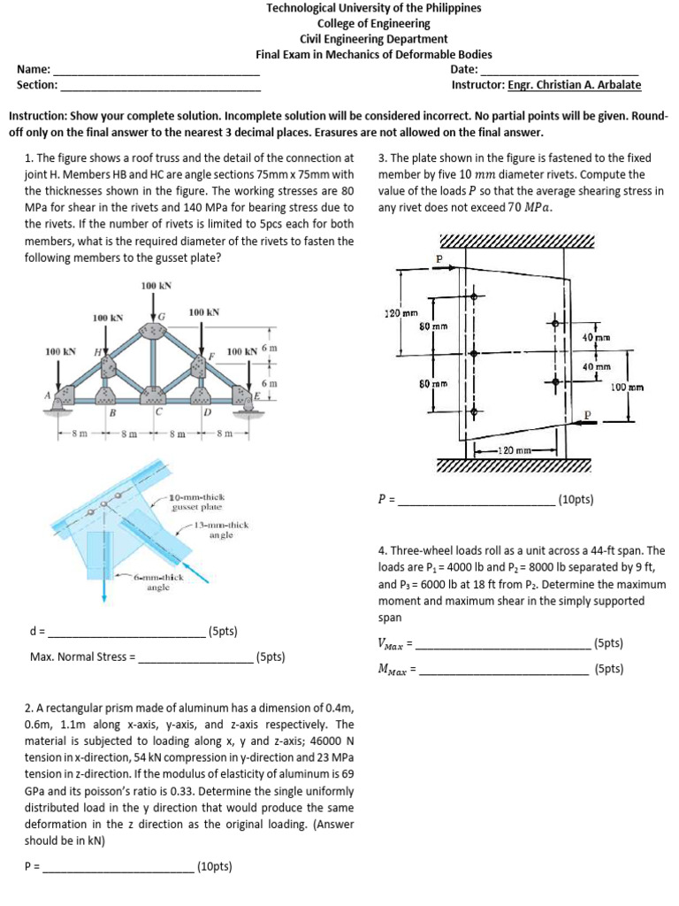Remedial Exam - SY2023-2024 | PDF | Beam (Structure) | Stress (Mechanics)
