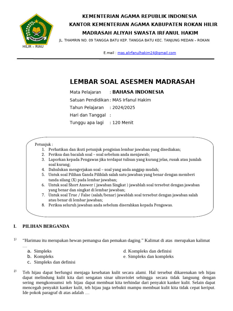 Am Bahasa Indonesia Aliyah 2025 | PDF