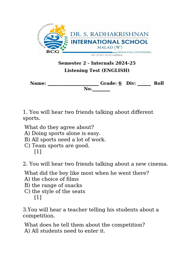 Listening test (Grade 6).Final (3) | PDF