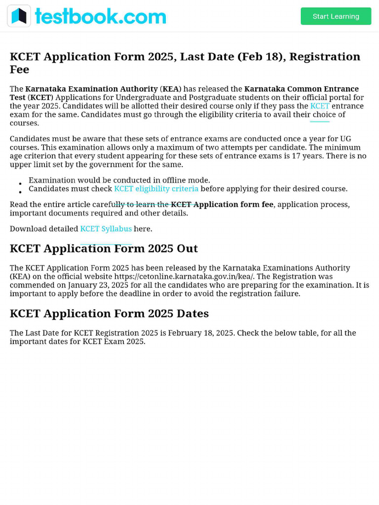 KCET Application Form 2025, Last Date (Feb 18), Registration Fee | PDF