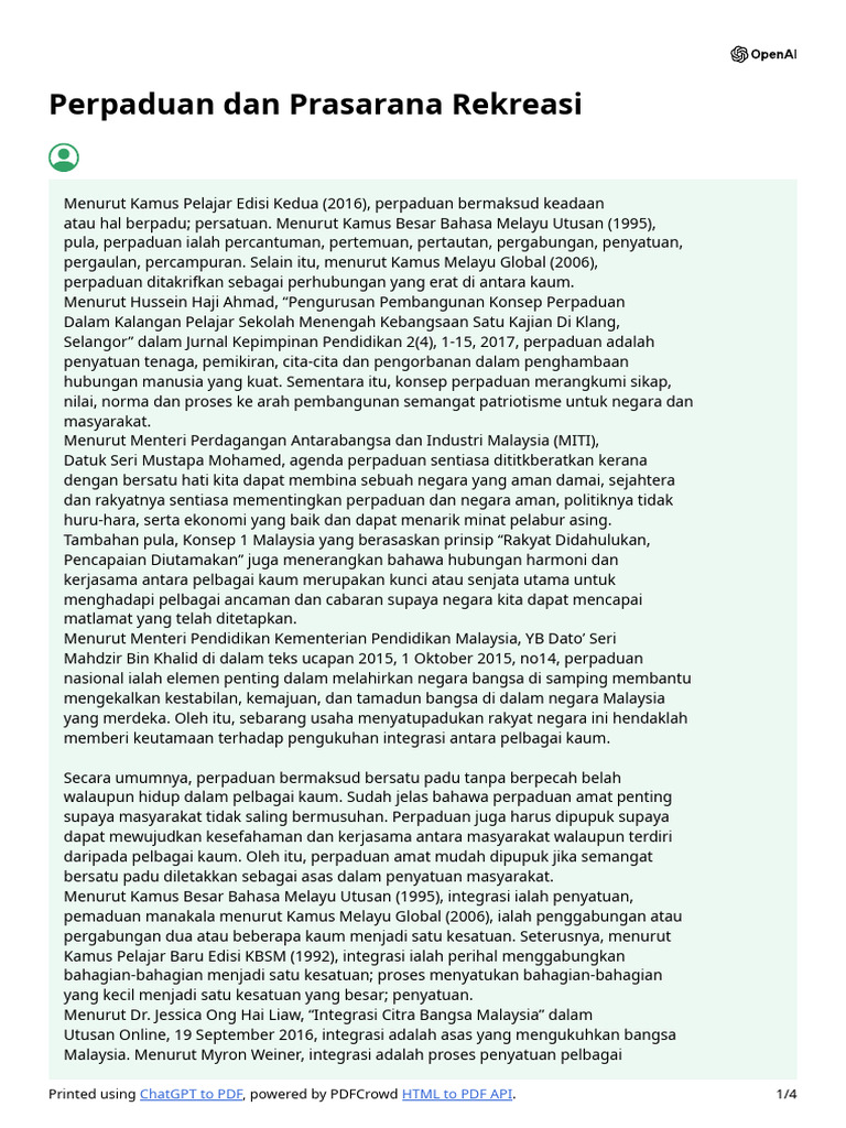 Perpaduan Dan Prasarana Rekreasi | PDF