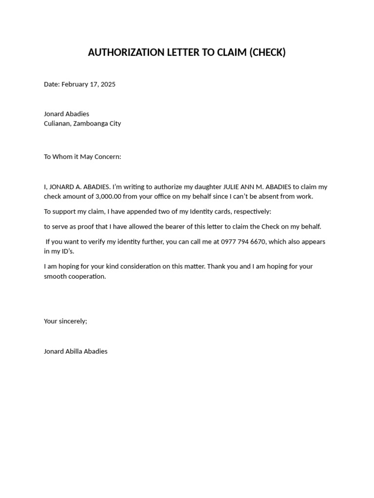 Authorization Letter To Claim | PDF