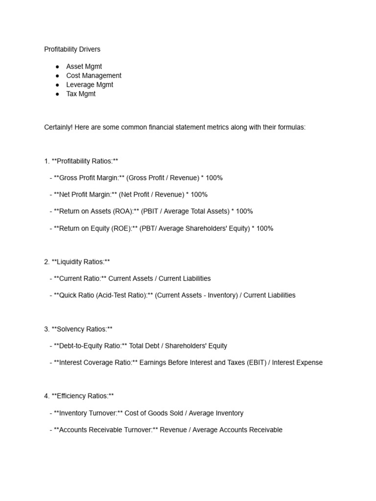 Financial Statement Metrics and Formula | PDF | Revenue | Equity (Finance)