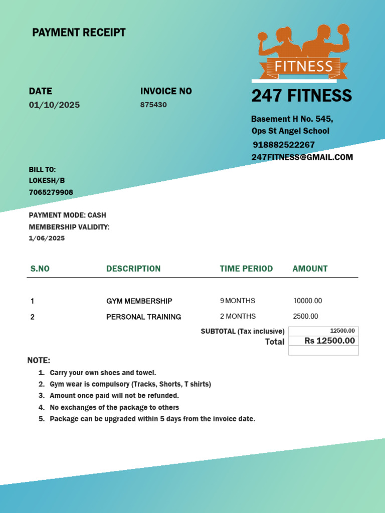 Gym Membership and Training Invoice | PDF