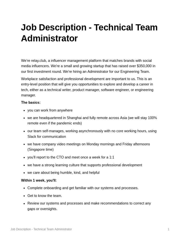 Job Description - Technical Team Administrator | PDF | Documentation ...