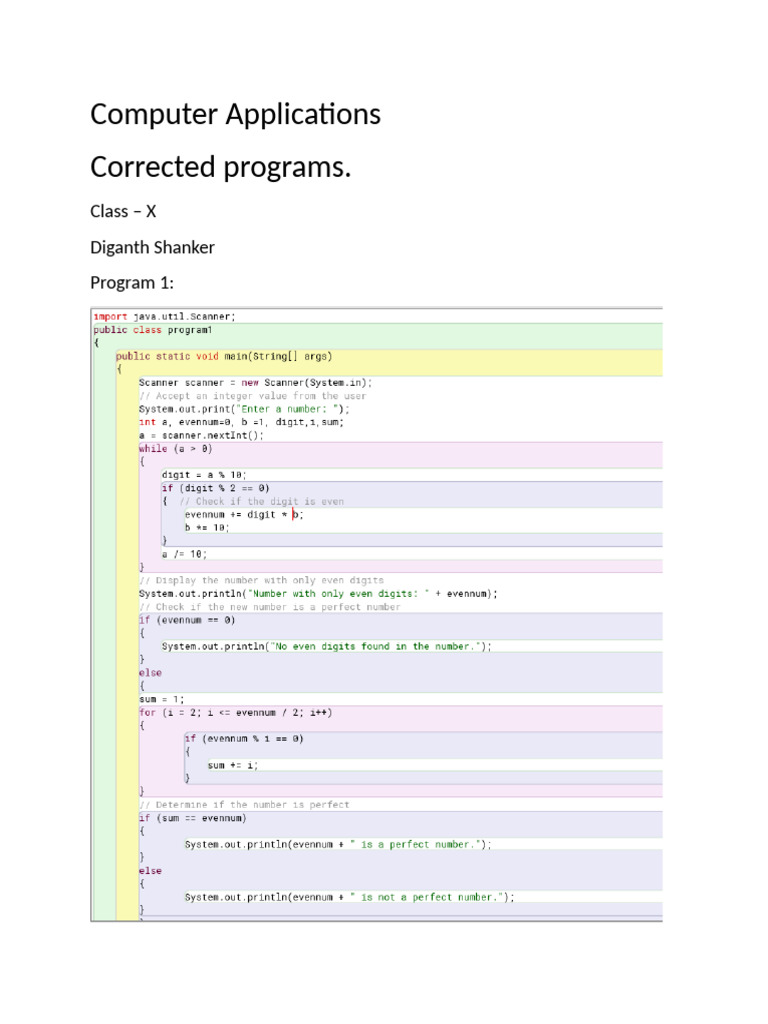 Computer Applications Corrected Programs.: Class - X Diganth Shanker Program 1 | PDF