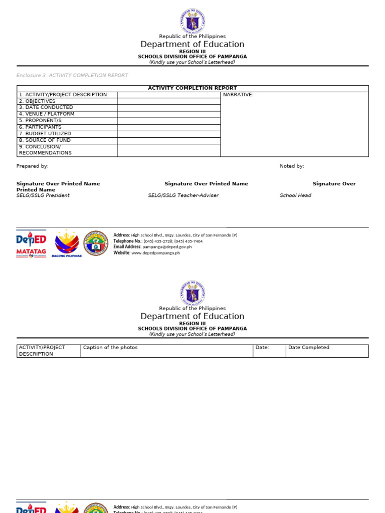Template - SELG SSLG Activity Completion Report (Landscape Ver.) | PDF