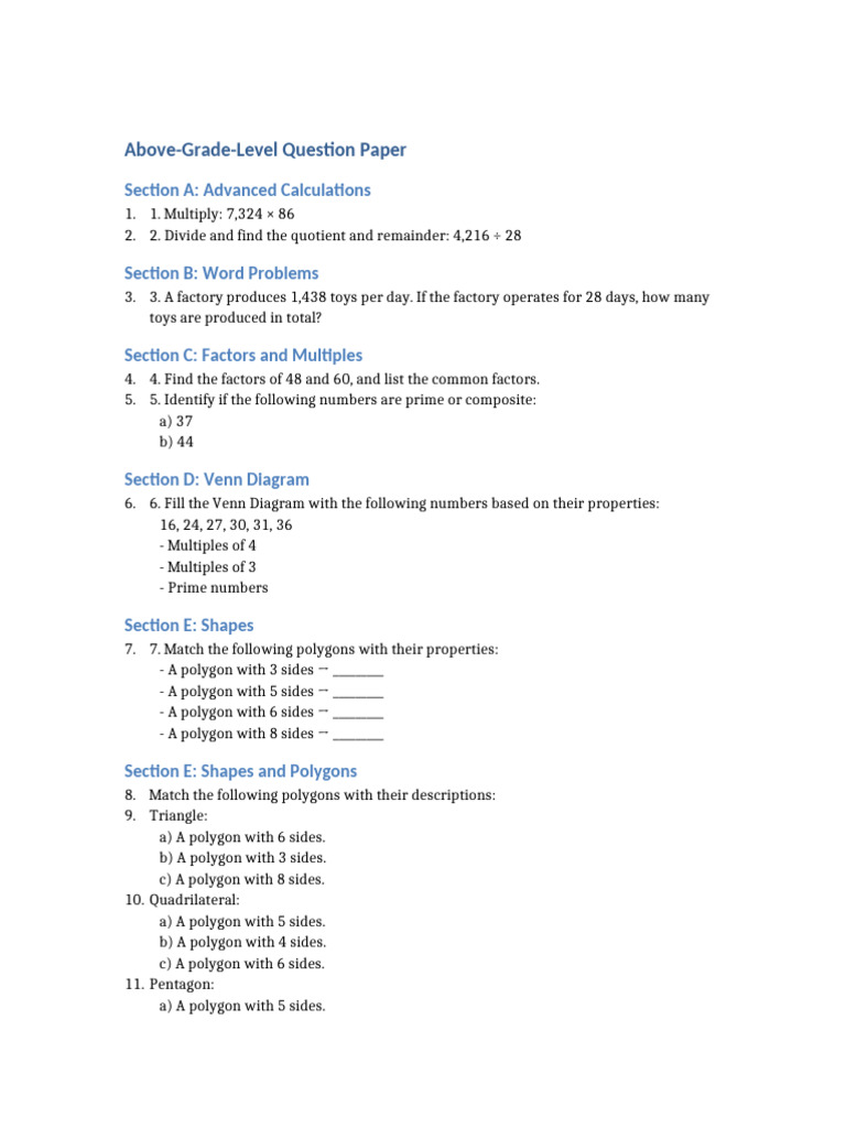 Updated Above Grade Level Question Paper | PDF