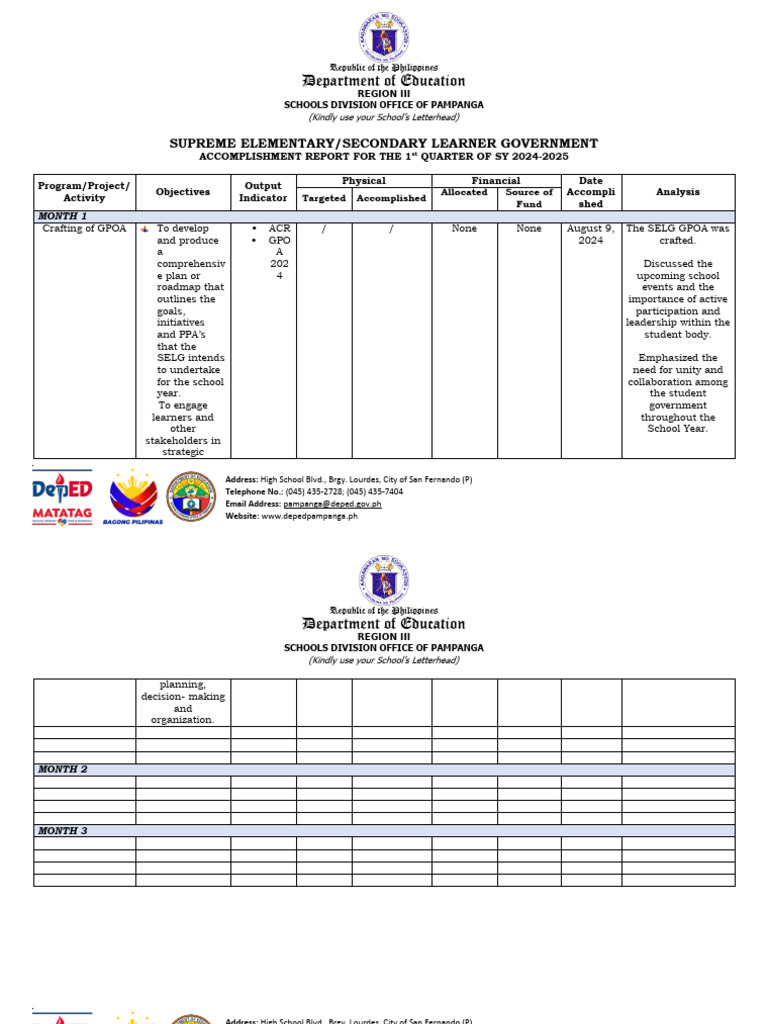 SELG Quarterly Accomplishment Report | PDF