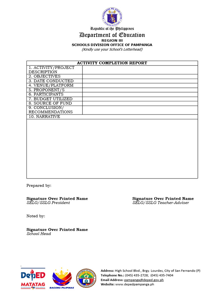 Template - SELG SSLG Activity Completion Report (Portrait Ver.) | PDF