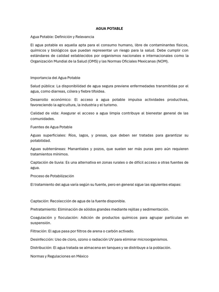 Importancia y Tratamiento del Agua Potable | PDF | Agua potable | Agua