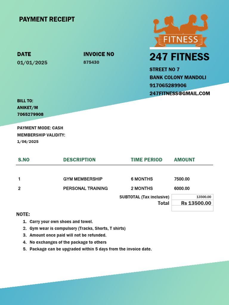Gym Membership Payment Receipt | PDF