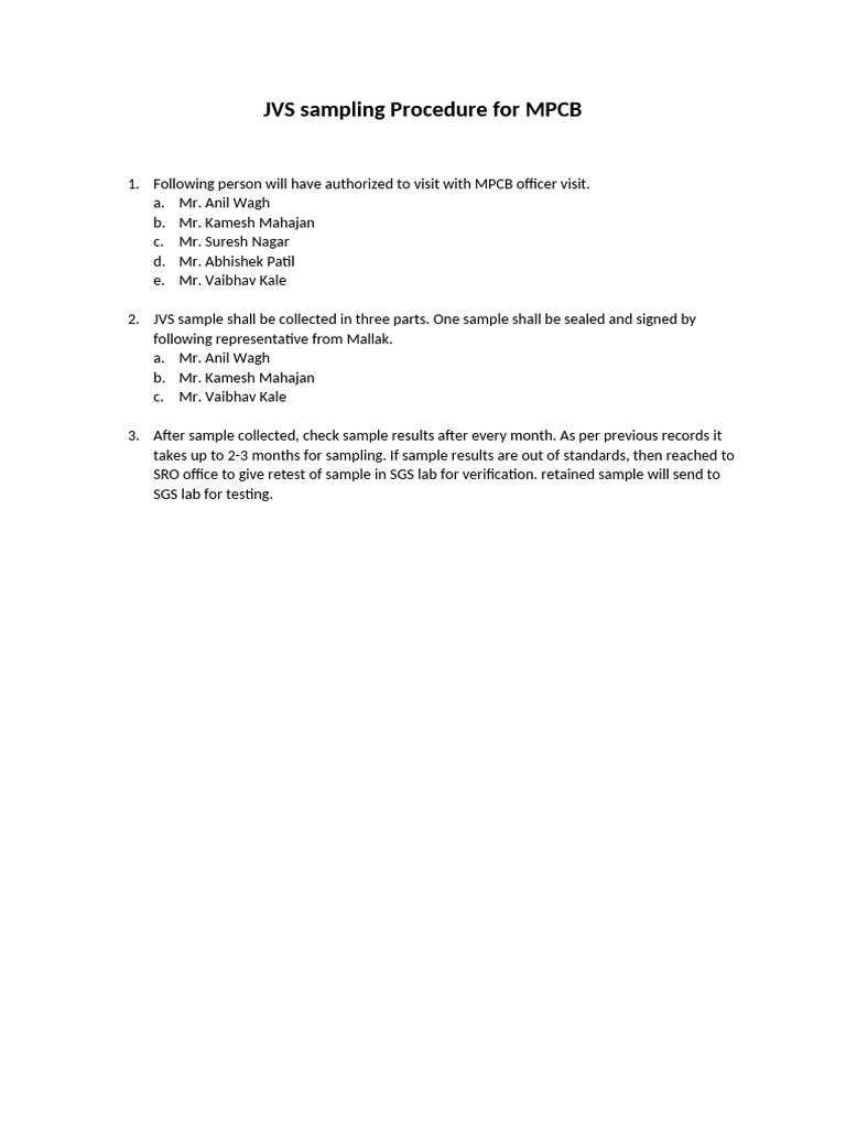 JVS Sampling Procedure For MPCB | PDF