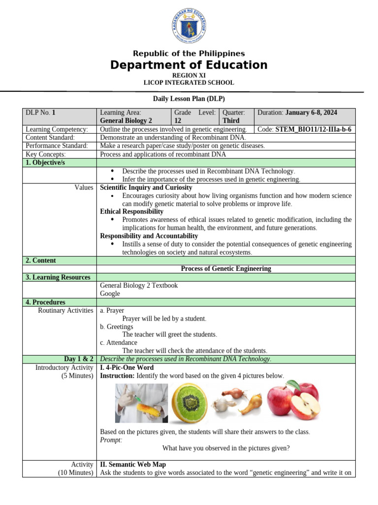 Daily Lesson Plan Gen Bio 2 | PDF | Plasmid | Vector (Molecular Biology)