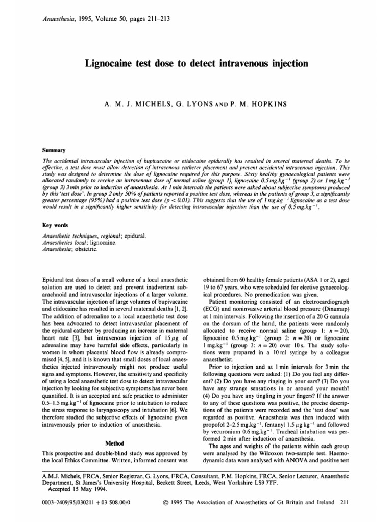 Anaesthesia - March 1995 - MICHELS - Lignocaine Test Dose To Detect ...