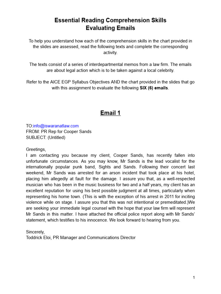 EGP - Comp Skills Email (Legal Action) Context Practice | PDF