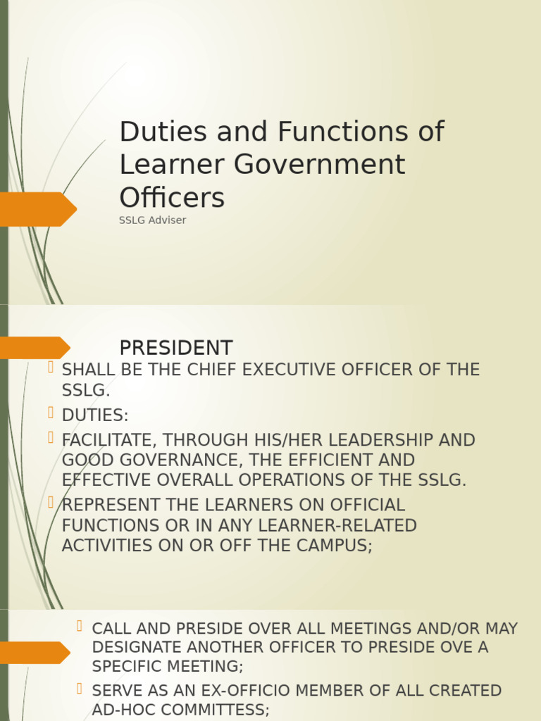 SSLG Officers' Roles and Duties | PDF | Committee | Governance