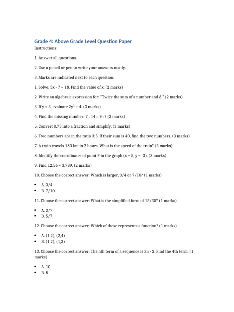Grade 4 Above Level Math Questions | PDF