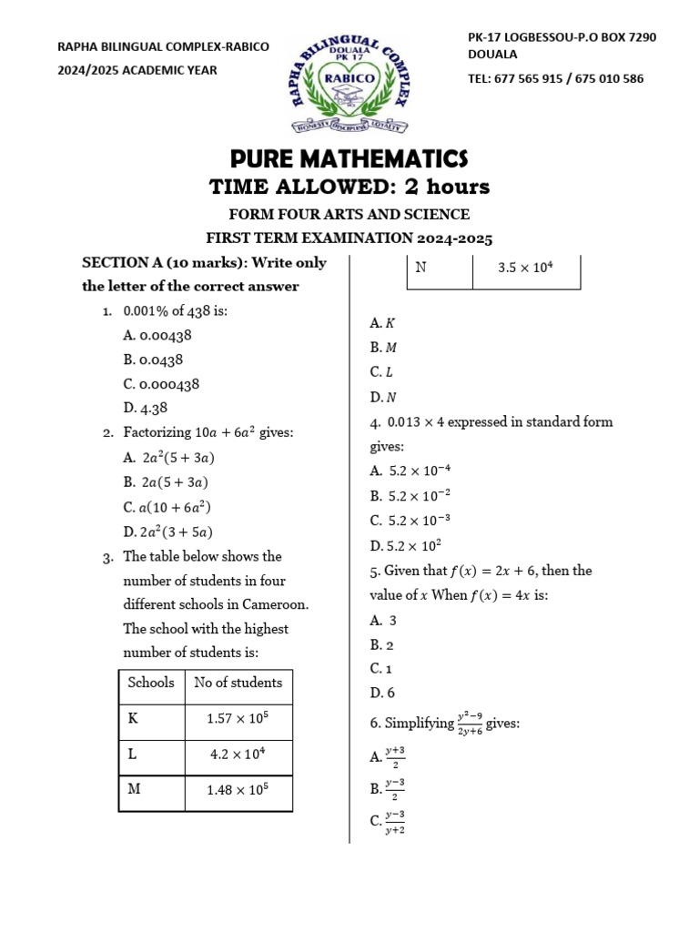Form Four First Term Exams 2024 | PDF | Quadratic Equation ...
