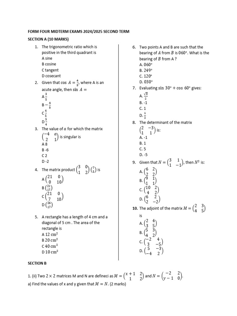 Form Four Midterm Exams 2024-2025 Second Term | PDF | Trigonometric ...