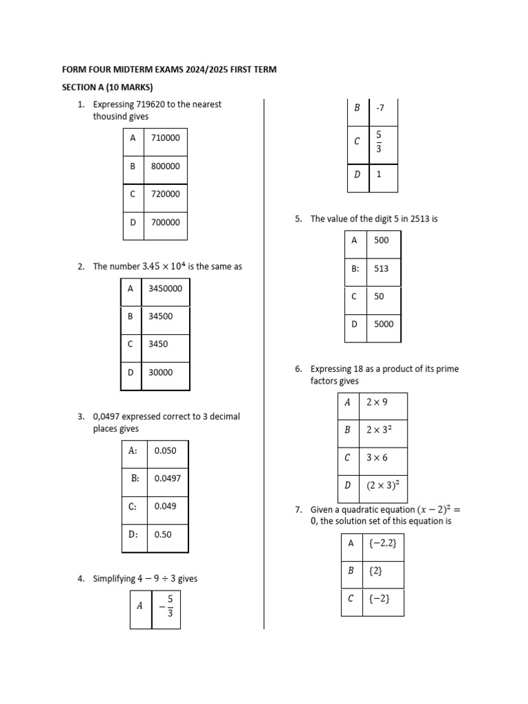 Form Four Midterm Exams 2024 | PDF | Equations | Mathematical Concepts