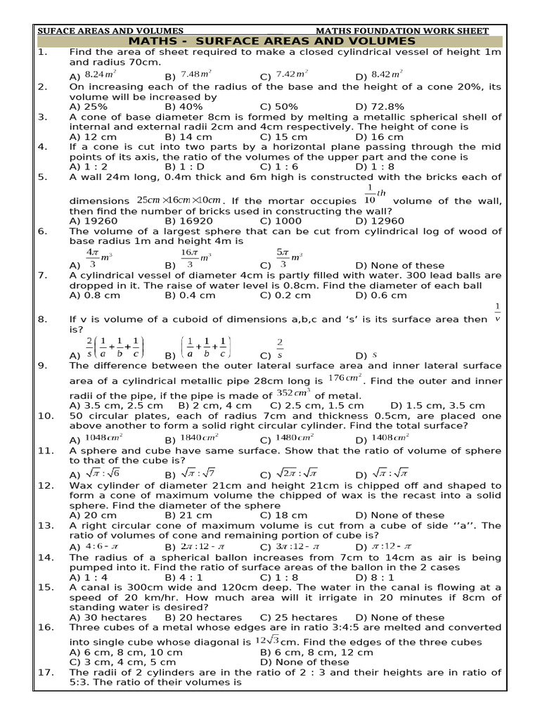 Surface Areas & Volumes Worksheet | PDF | Sphere | Area